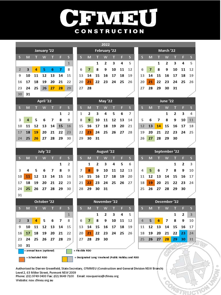 CFMEU RDO Calendar 2022-2026 | PDF