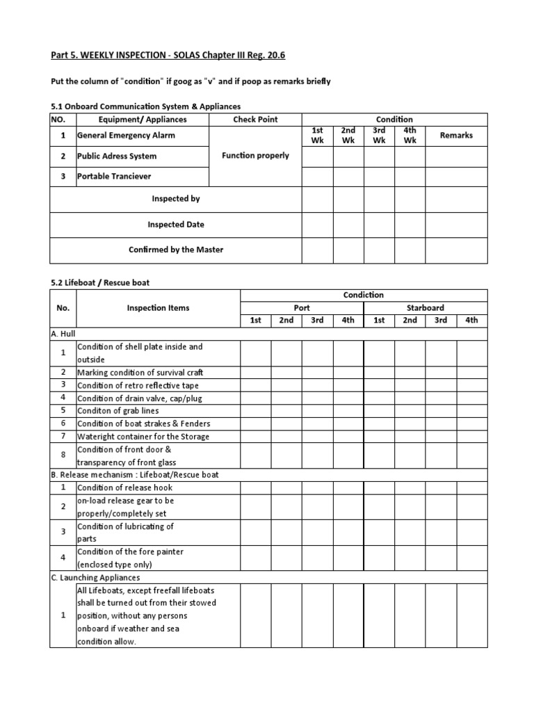 Part 5. WEEKLY INSPECTION - SOLAS Chapter III Reg. 20.6 | PDF ...