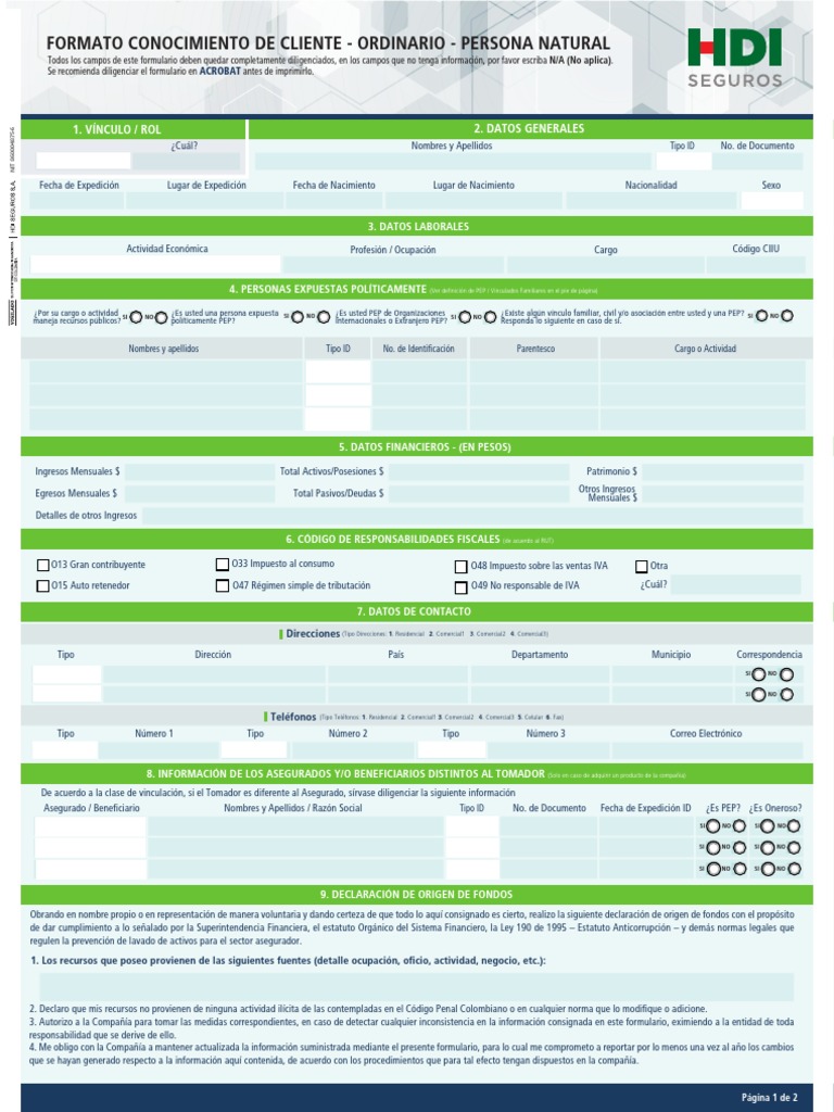 Formulario SARLAFT Persona Natural | PDF | Póliza de seguros | Seguro