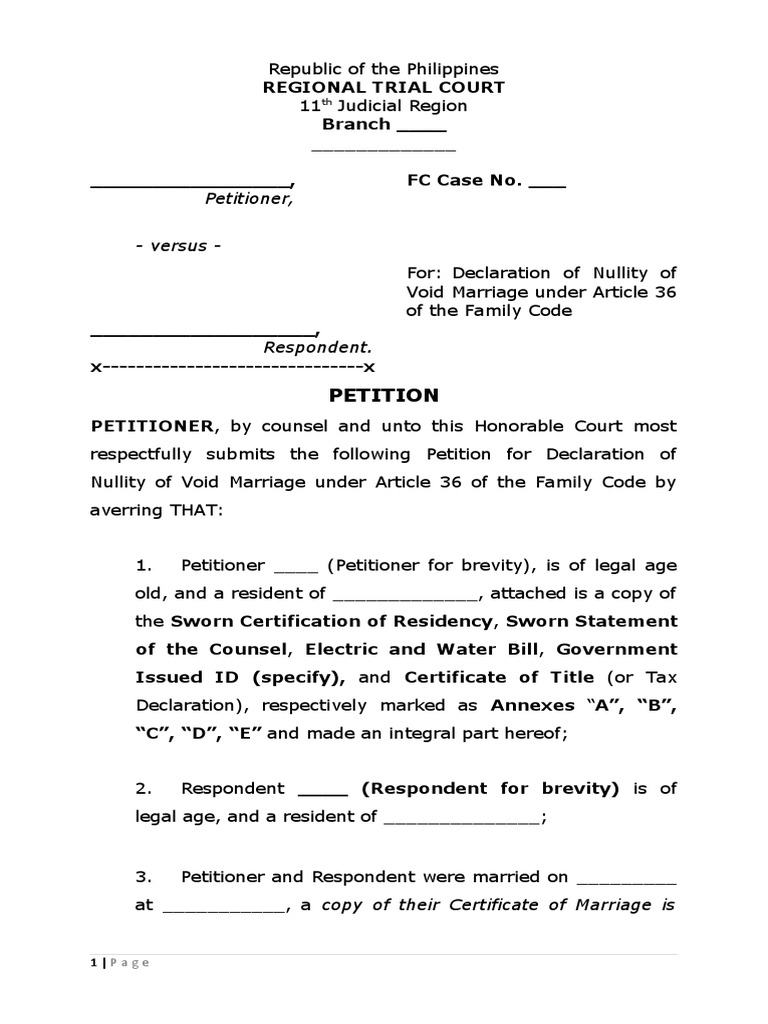 Petition for Nullity of Marriage-Sample | PDF | Annulment | Marriage