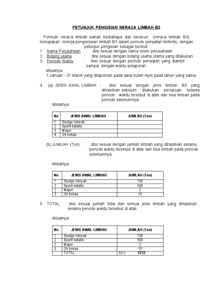 Petunjuk Pengisian Neraca Limbah B3 | PDF