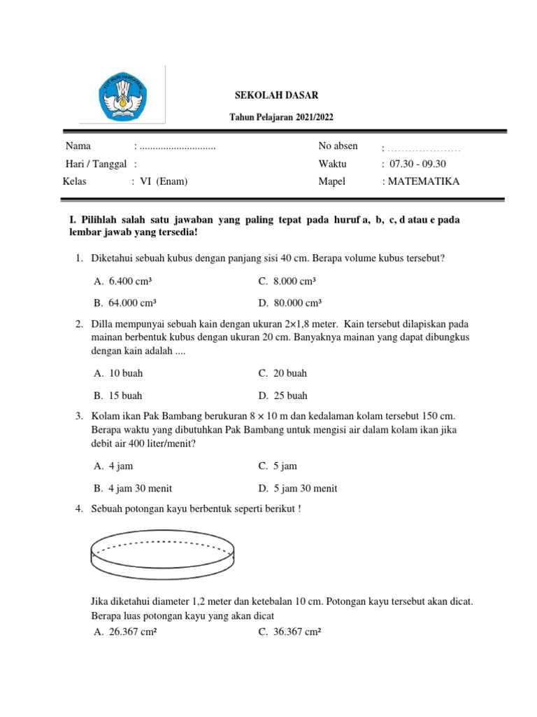 Soal US Matematika 6 SD | PDF | Metode & Bahan Ajar