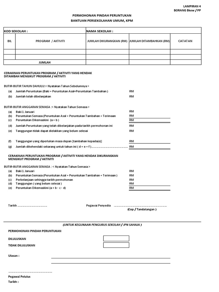 Borang Pindah Peruntukan SPK 1.2021 ( Lampiran 4 Borang Bkew PP ) | PDF
