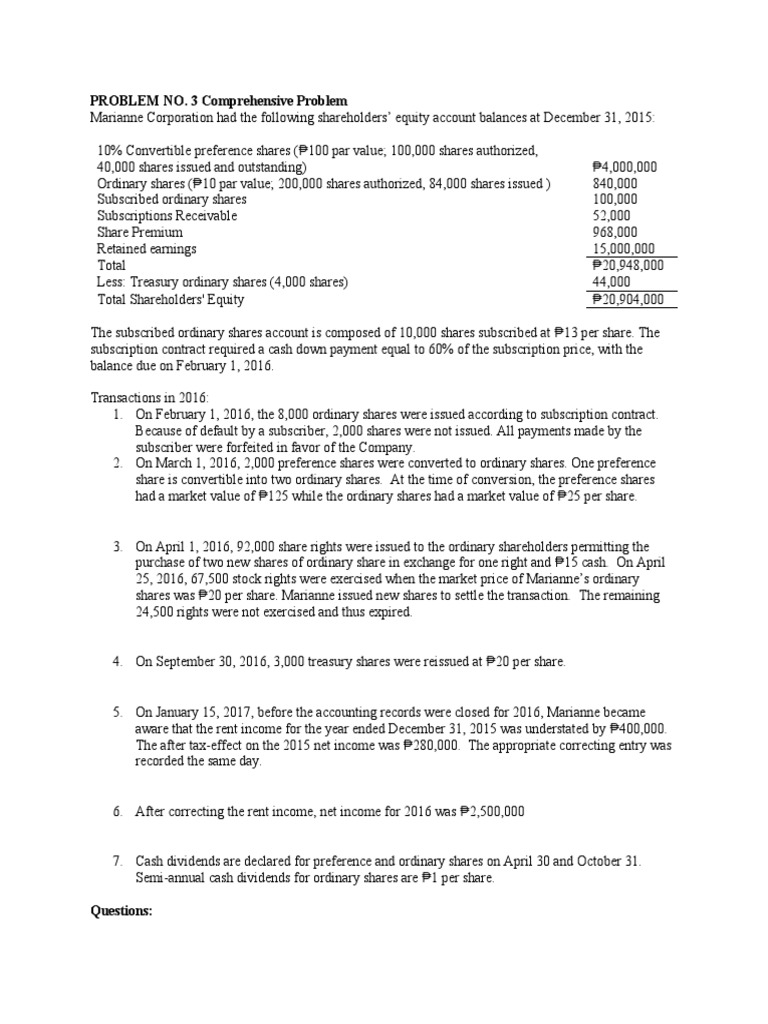 Marianne Corp. Shareholders' Equity Analysis | PDF | Stocks | Preferred ...