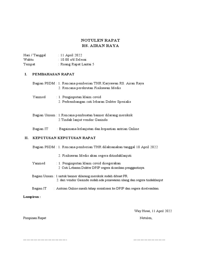 Format Notulen Rapat | PDF | Pengelolaan Keuangan & Uang