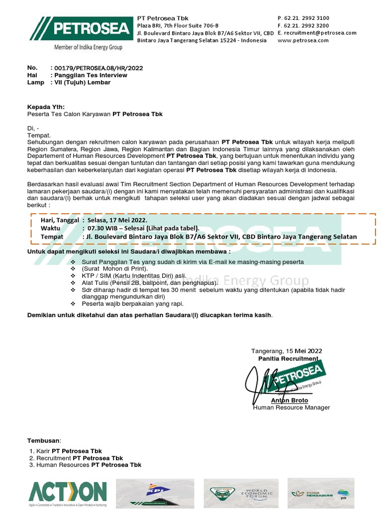 Surat Undangan Interview Calon Karyawan PT Petrosea Tbk. | PDF