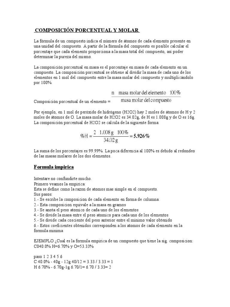 Cálculo de Composición Porcentual y Molar | PDF | Compuestos químicos ...