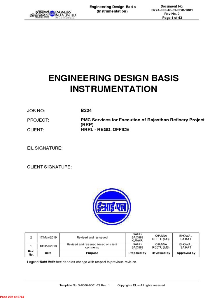Engineering Design Basis Instrumentation: Job No: Project: Client | PDF ...
