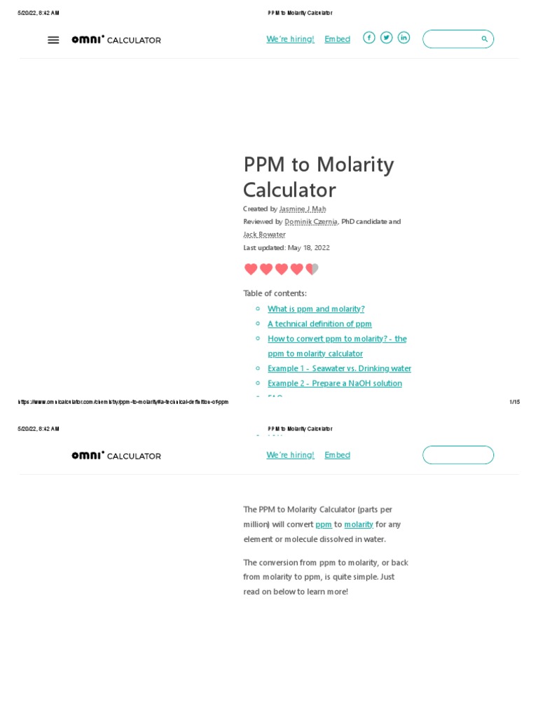 PPM To Molarity Calculator | PDF | Mole (Unit) | Molar Concentration
