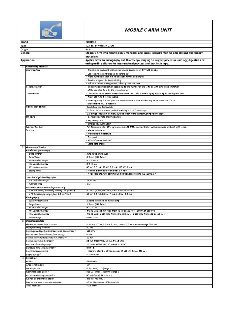 Specification TECHNIX Mobile C Arm TCA 6S With LIH 2700 | Download Free PDF | Electronics ...