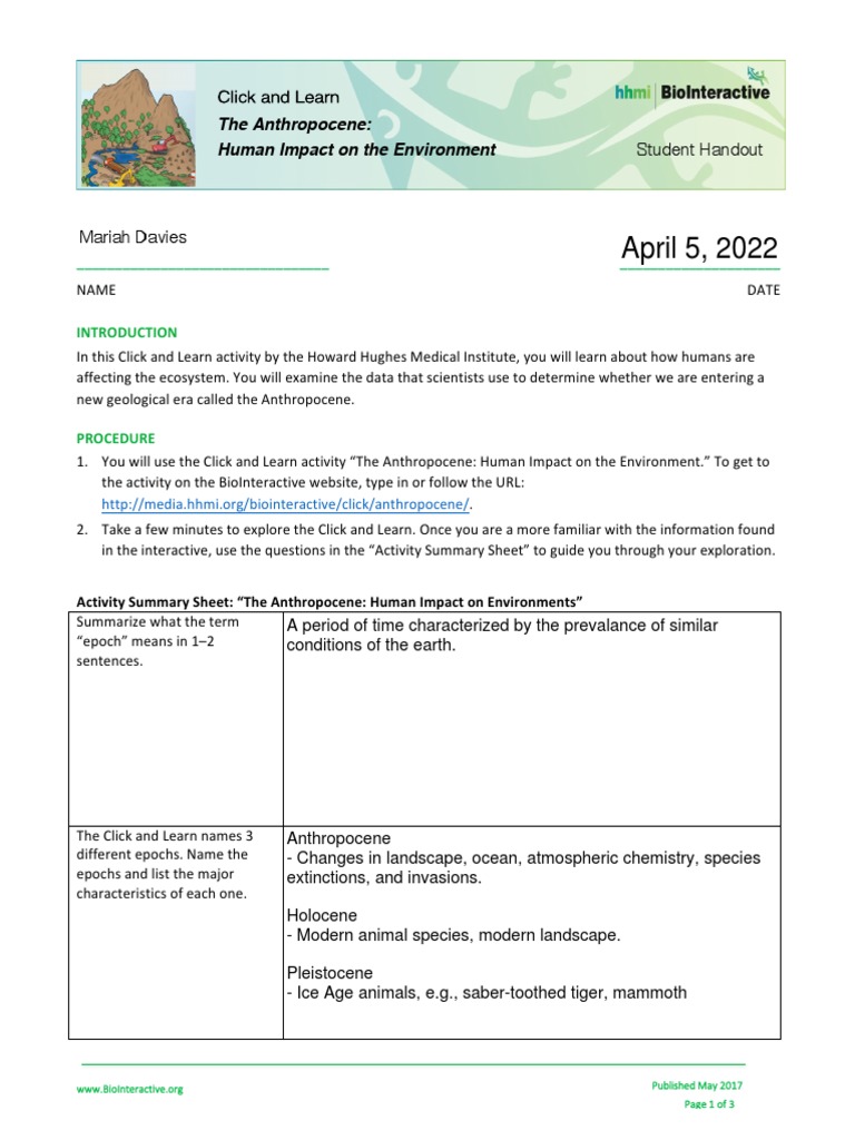 Anthropocene Student Handout COMPLETE | PDF | Anthropocene | Biodiversity