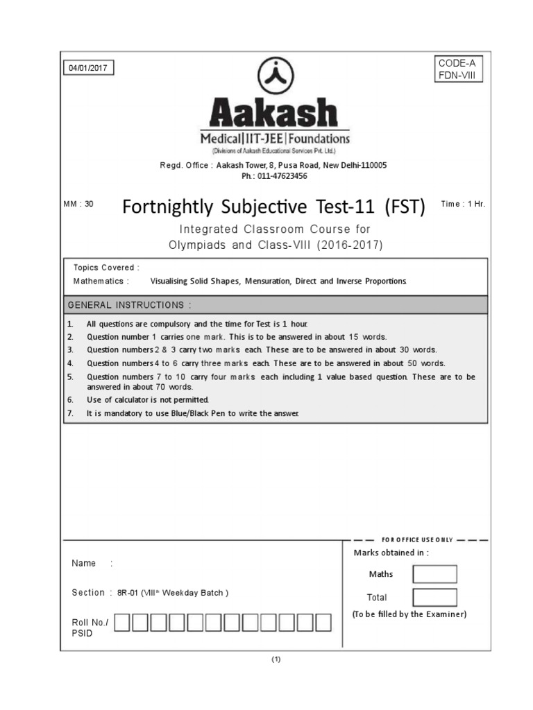 Fortnightly Subjective Test-11 (FST) : Integrated Classroom Course For ...