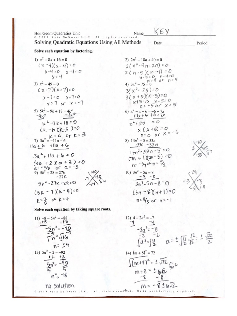 Solving Quadratics Equations Using All Methods KEY | PDF