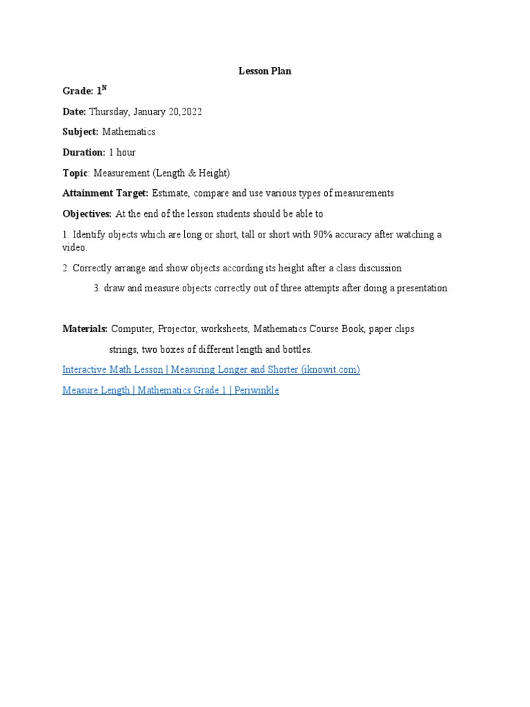 Grade 1 Math: Measuring Length & Height | PDF | Lesson Plan | Length