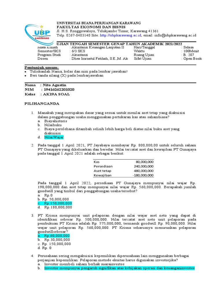 Jawaban Soal Uts Akl 2 Nito Agustin Ak19a | PDF
