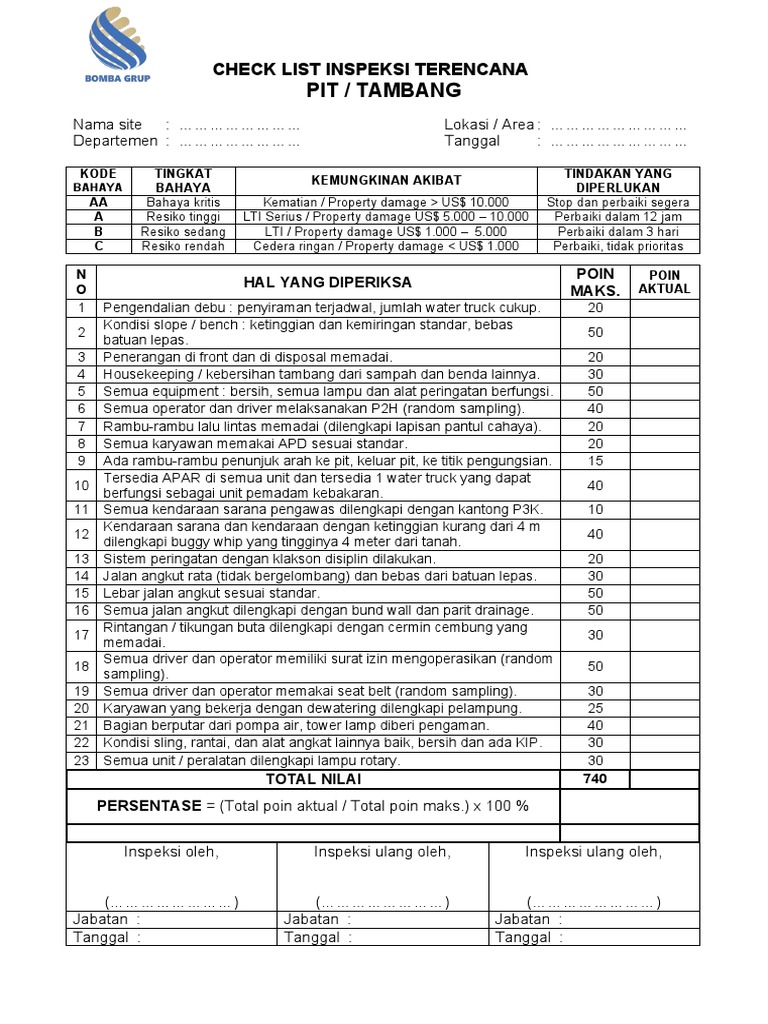 Check List Inspeksi Terencana Pit | PDF