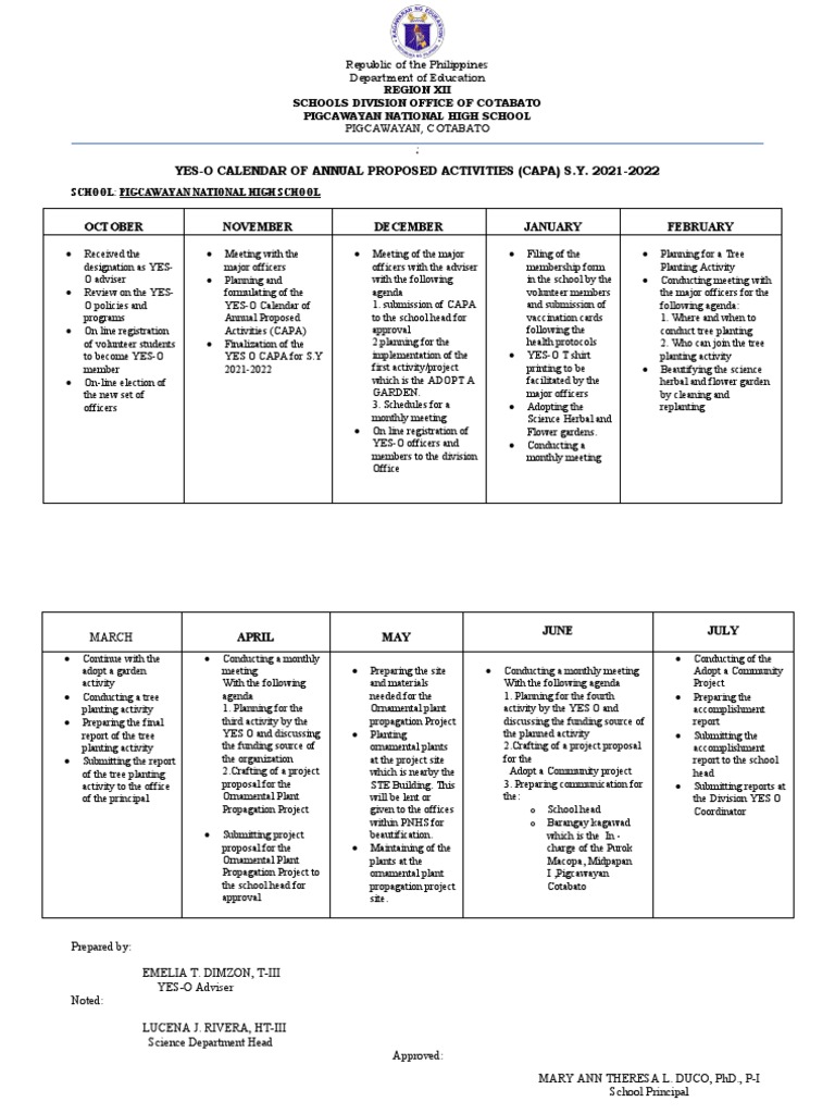 PNHS YES-O Calendar of Annual Activities | PDF | Botany