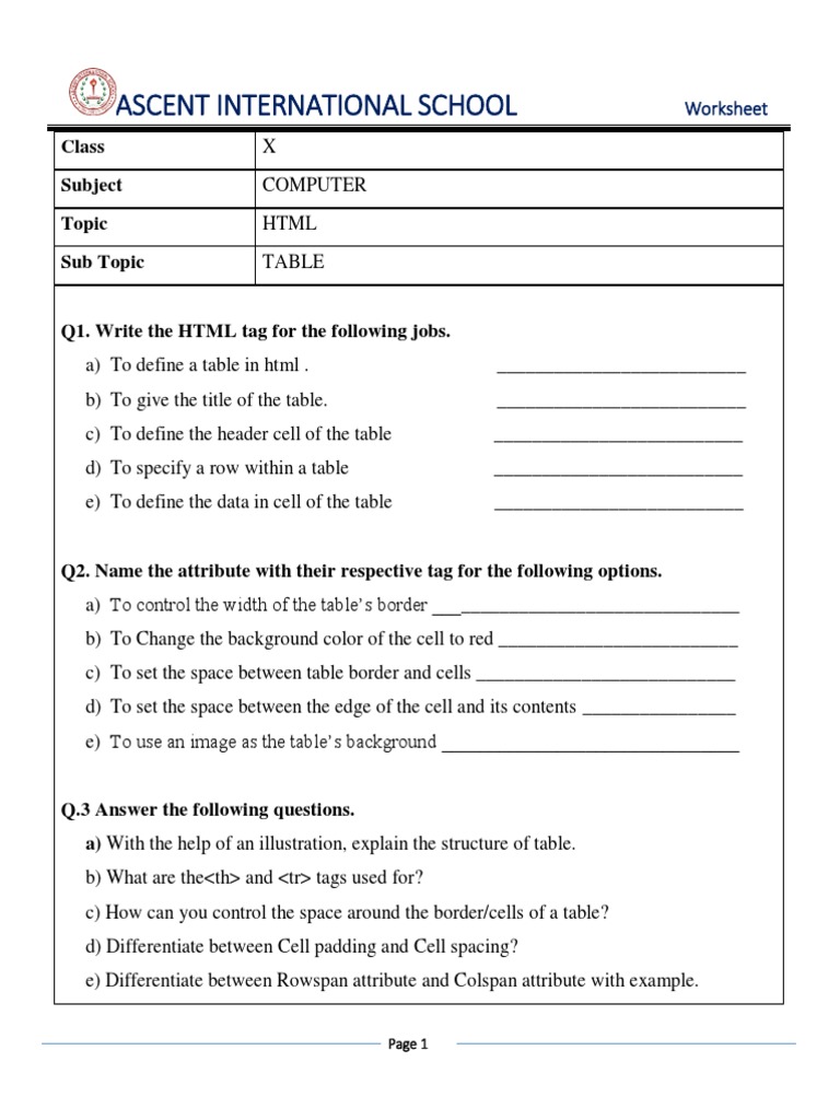 Class X-Computer Application - WS1-HTML TABLE | PDF