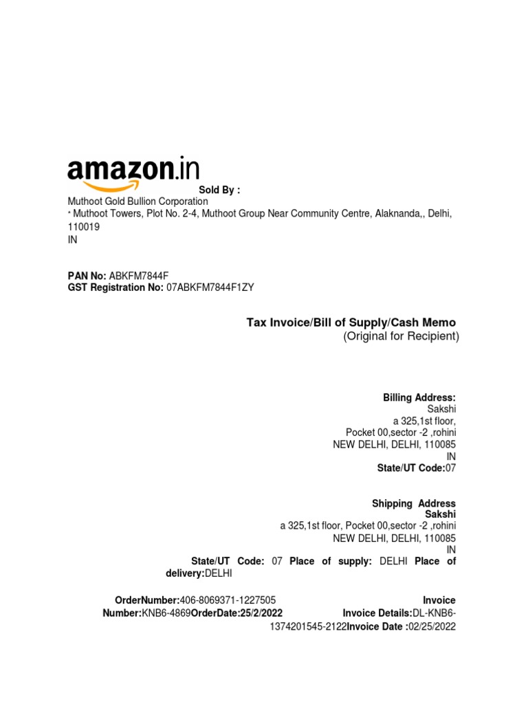Muthoot Gold Bullion tax invoice | PDF | Invoice | Value Added Tax