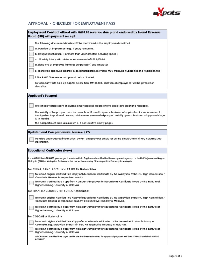 Approval - Checklist For Employment Pass | PDF | Passport | Employment