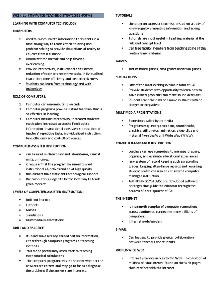 Week 11 - Computer-Teaching Strategies (PSTM) | PDF | Educational ...