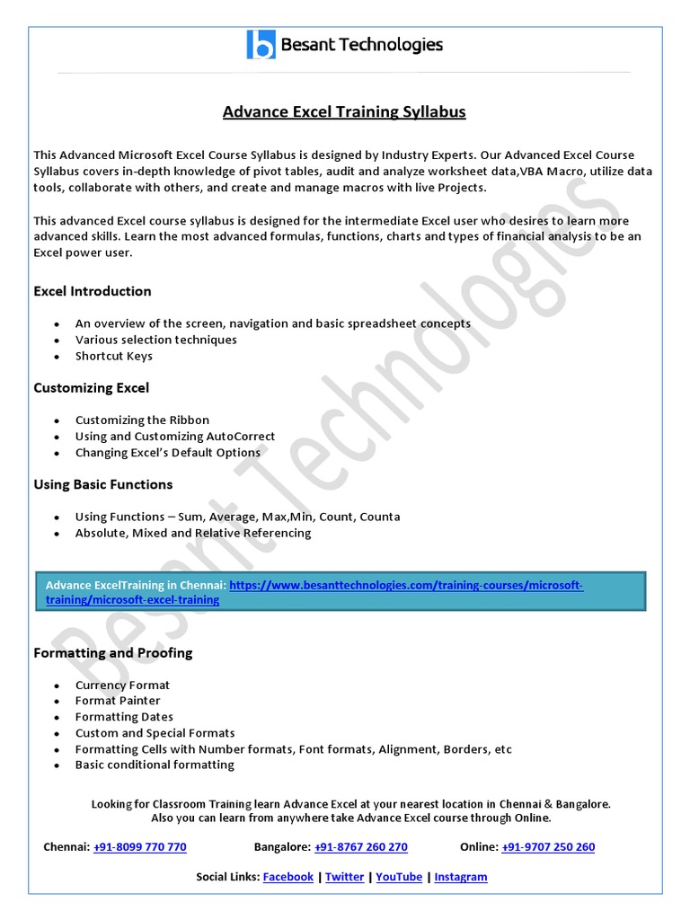 Advance Excel Training Syllabus | PDF | Microsoft Excel | Software