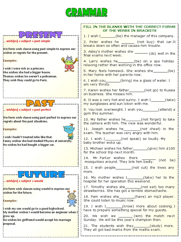 Wish Clauses Worksheet Grammar Explanation | PDF | Syntax | Language ...
