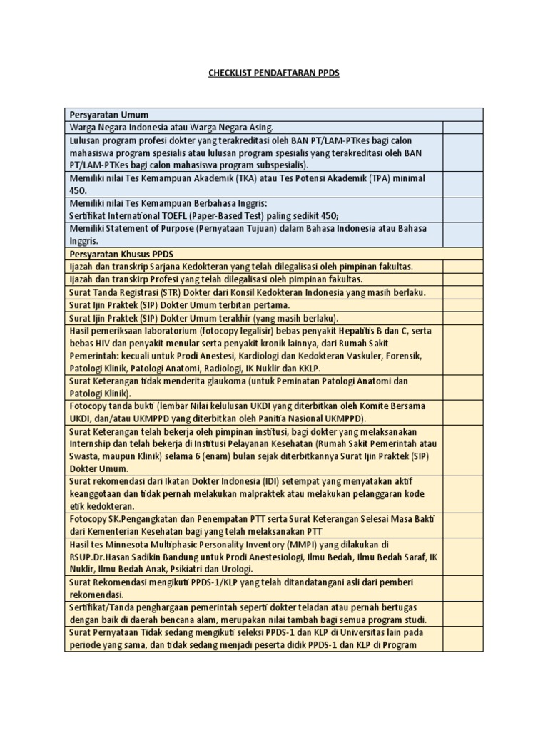 Checklist Pendaftaran PPDS | PDF