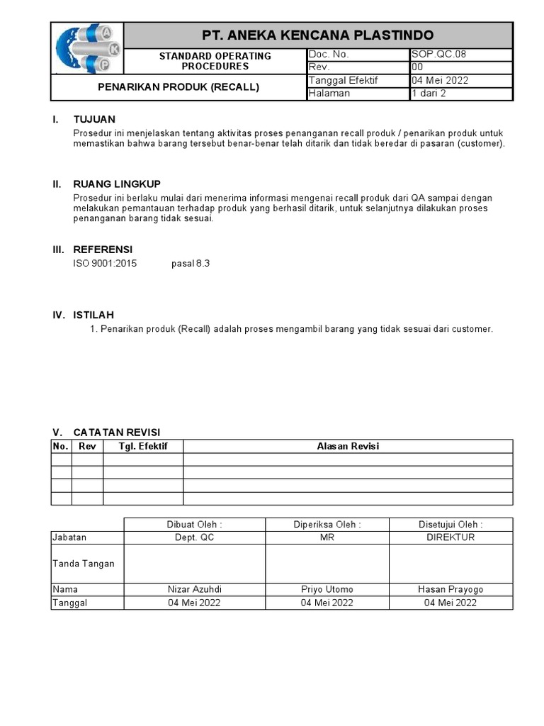 (Draft) Sop Recall | PDF