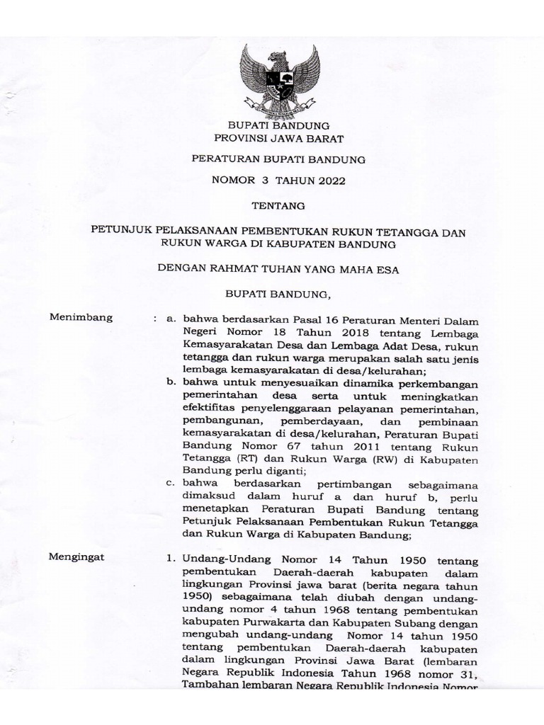Peraturan Bupati Bandung Nomor 3 Tahun 2022 Tentang RT Dan RW | PDF