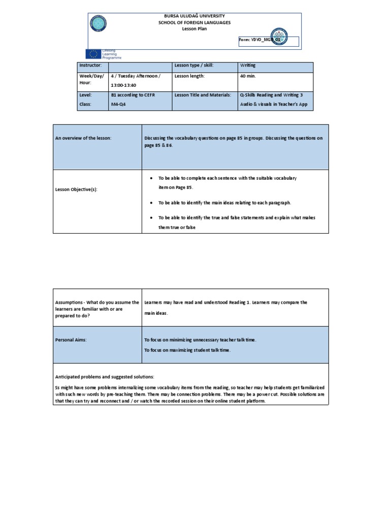Q-Skills RW Lesson Plan | PDF | Vocabulary | Lesson Plan