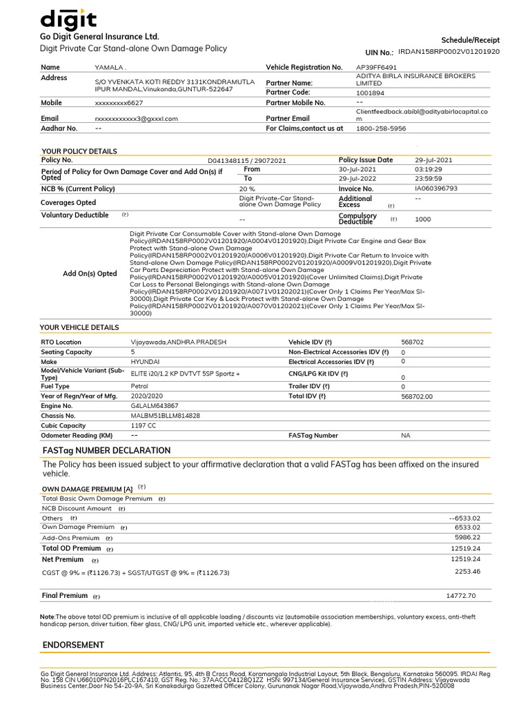 Digit Private Car Insurance Policy Details | PDF | Liability Insurance ...
