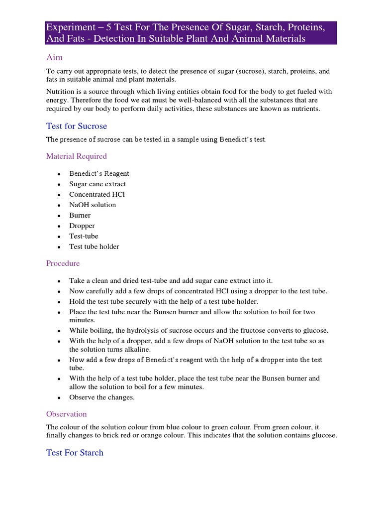 Practical Biology - Experiment 5 Test For Sugar, Starch, Protein and ...