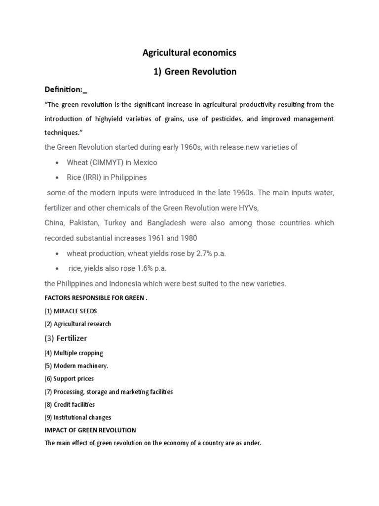 Agricultural Economics 1) Green Revolution: Definition | PDF | Green ...