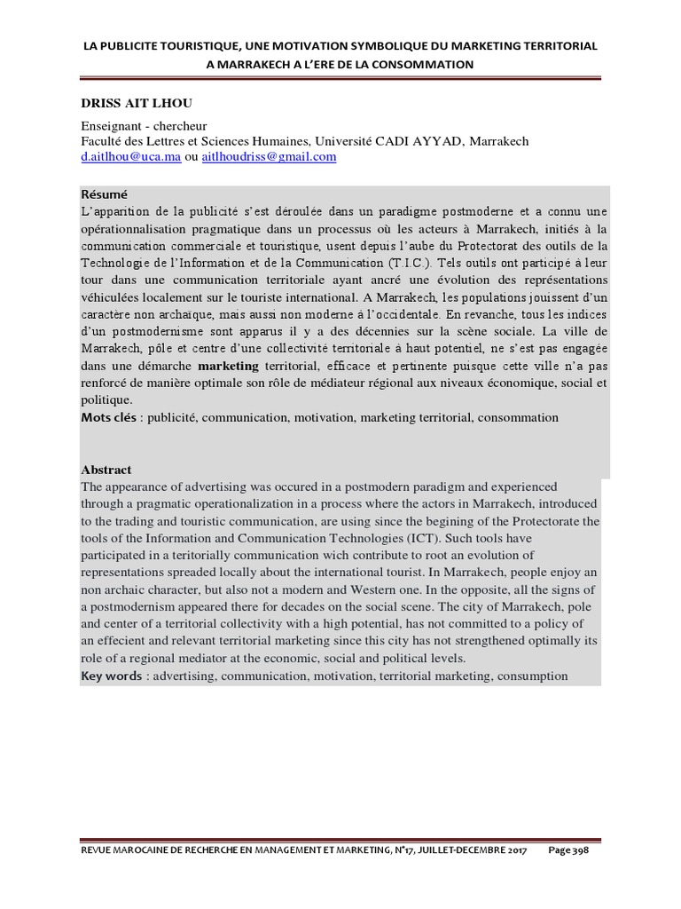 La Publicite Touristique, Une Motivation Symbolique Du Marketing Territorial A Marrakech A L'ere ...