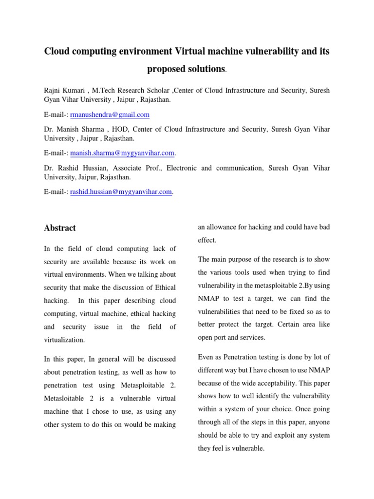 Cloud Computing Environment Virtual Machine Vulnerability And Its Proposed Solutions Pdf