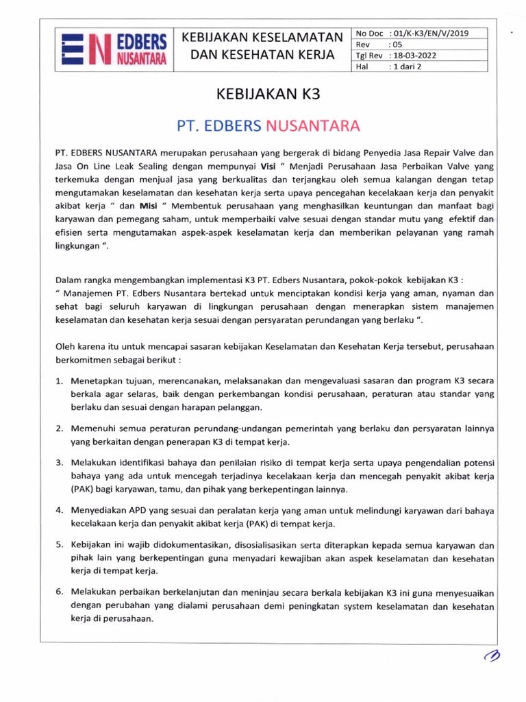 Kebijakan K3 - Revisi 5 | PDF