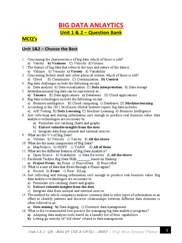 Big Data Anlaytics: Unit 1 & 2 - Question Bank MCQ's | PDF | Big Data | Analytics