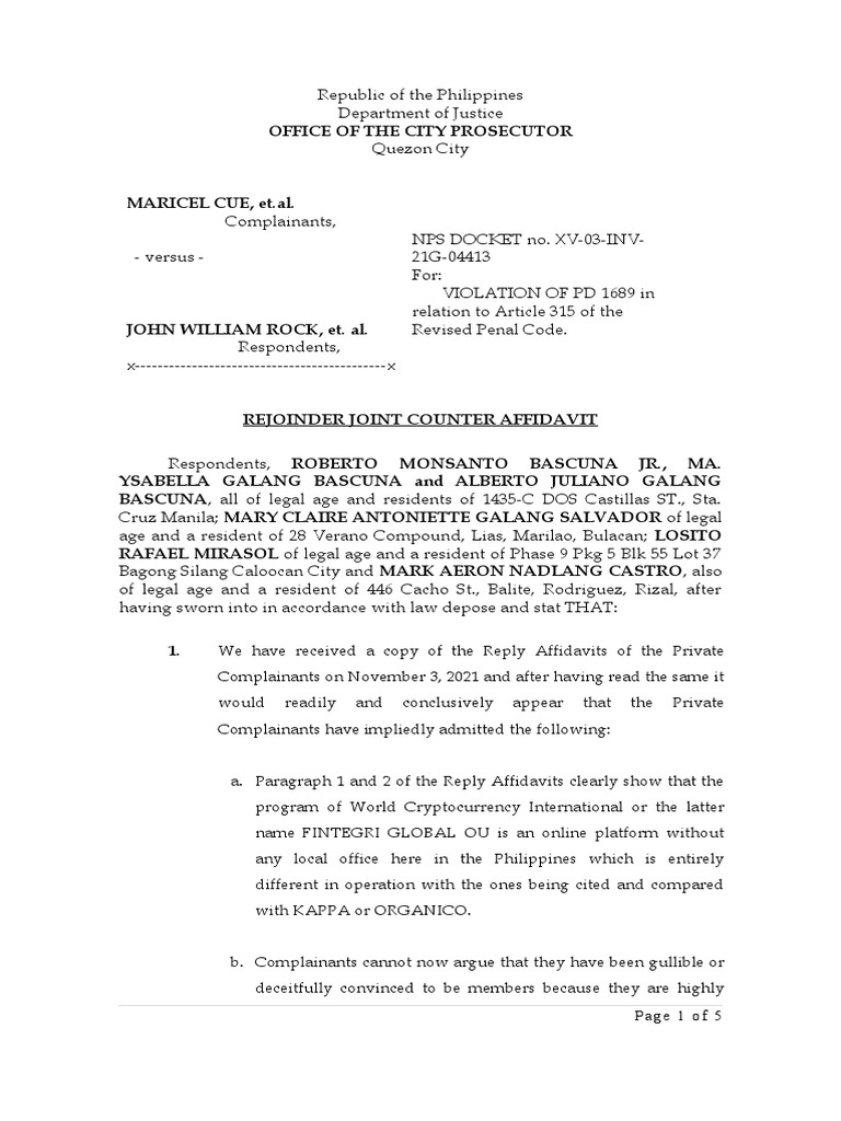 REJOINDER Counter Affidavit Bascuna Edited | PDF | Cryptocurrency ...