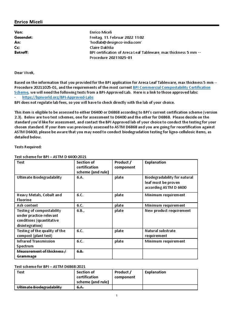 Enrico Miceli: BPI Commercial Compostability Certification Scheme | PDF