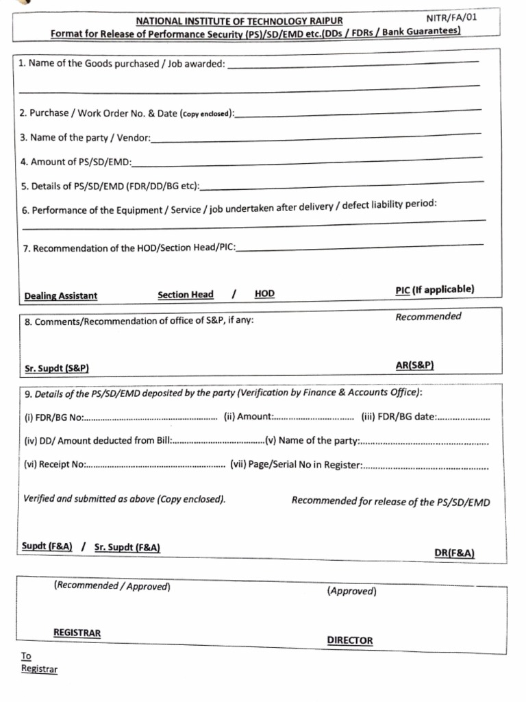 Format For Release of Performance Security !PS) /Sd/Emd Etc. (DDS/ Fdrs ...