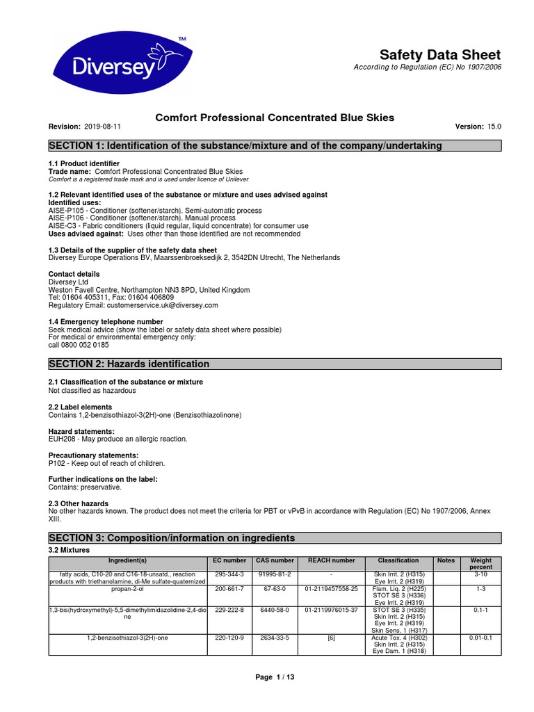 Safety Data Sheet: Comfort Professional Concentrated Blue Skies ...