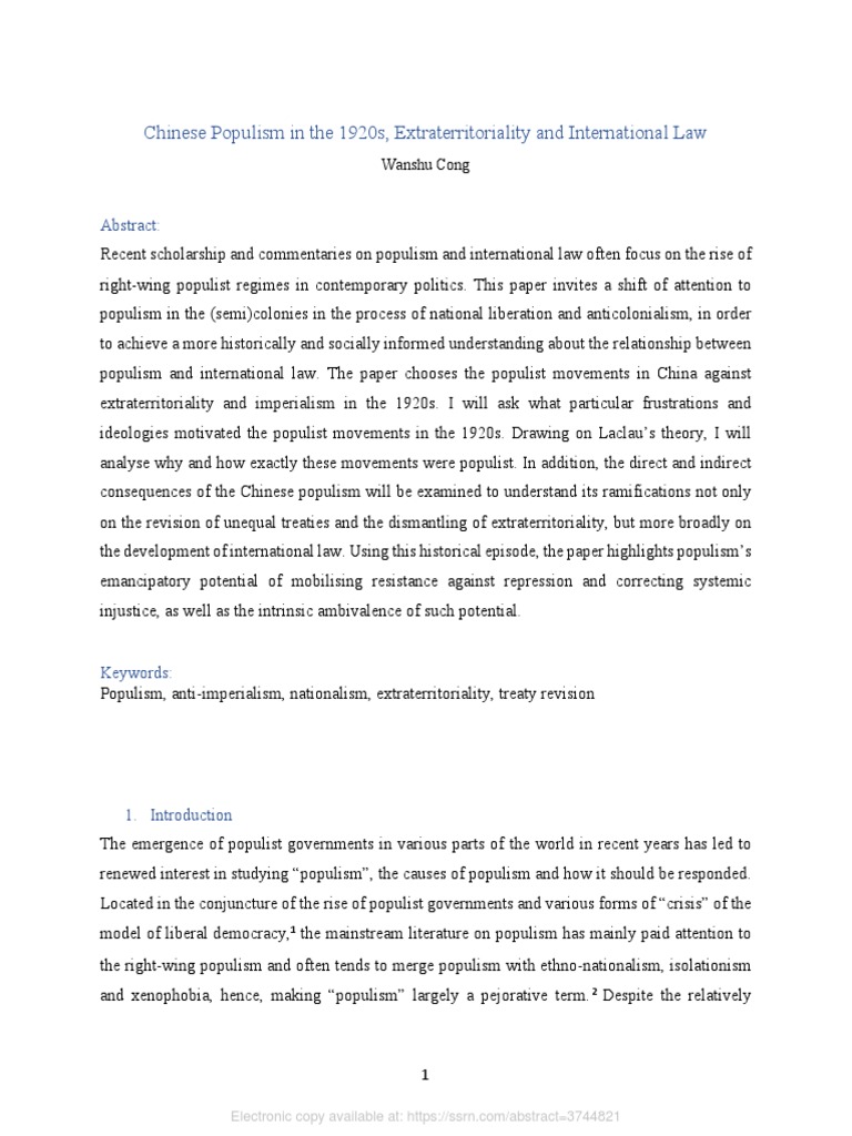 Chinese Populism in The 1920s, Extraterritoriality and International ...
