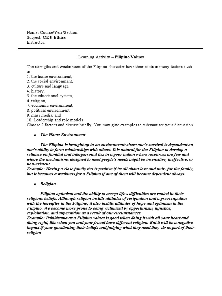 Learning Activity Filipino Values | PDF | Wellness | Lifestyle