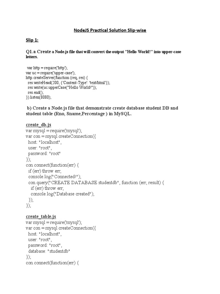 NodeJS Practical Solution Slip | Download Free PDF | Databases | My Sql NodeJS Practical Solution Slip | Download Free PDF | Databases | My Sql