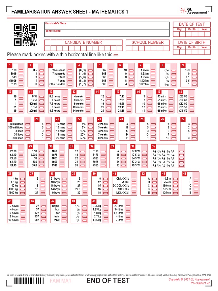 End of Test: Familiarisation Answer Sheet - Mathematics 1 | PDF | Litre ...