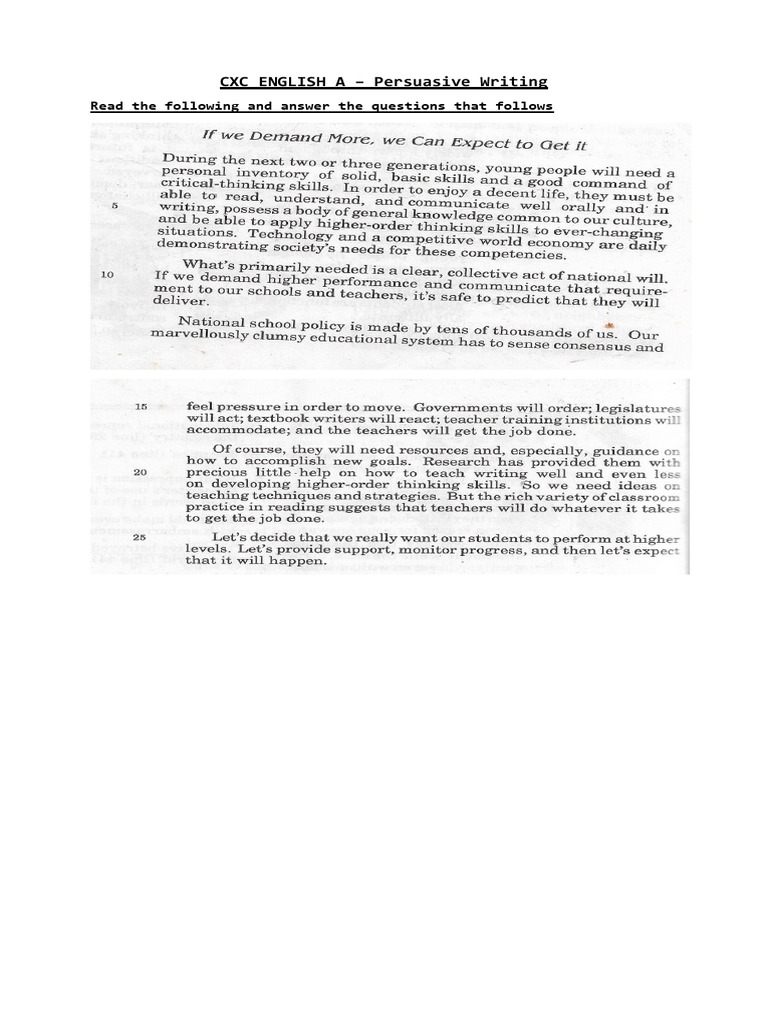 CXC ENGLISH A - Persuasive Writing: Read The Following and Answer The ...