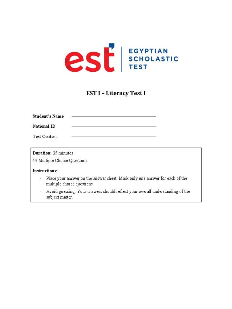 EST Literacy 1 - March 2022 | PDF