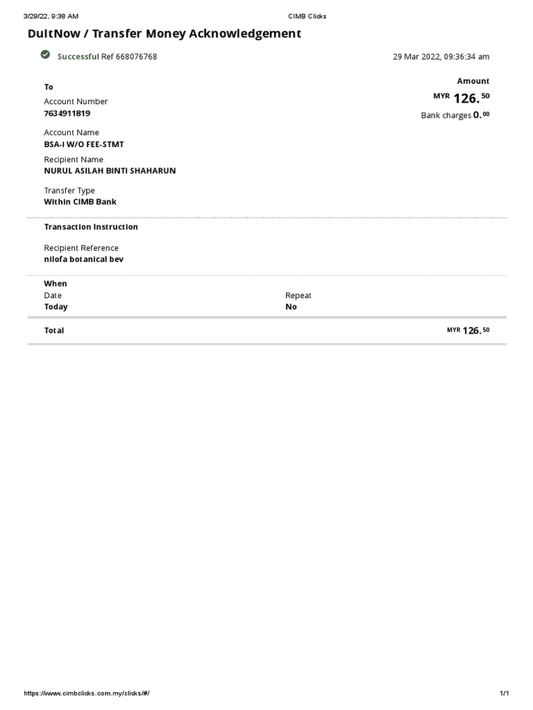 Duitnow / Transfer Money Acknowledgement: To 7634911819 Amount | PDF