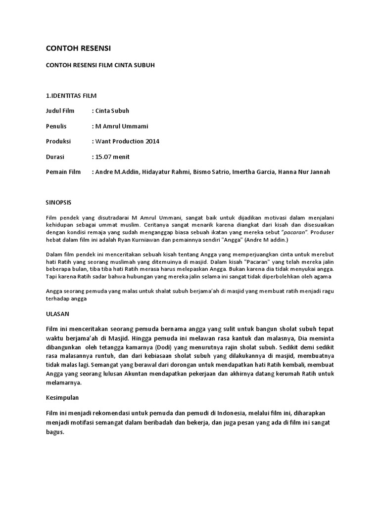 Contoh Resensi Film Cinta Subuh-Ifdulzakaria-202045500221-s1c | PDF
